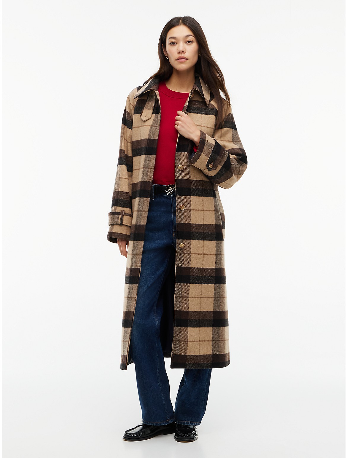 TOMMY HILFIGER women's plaid wool-blend belted car coat -